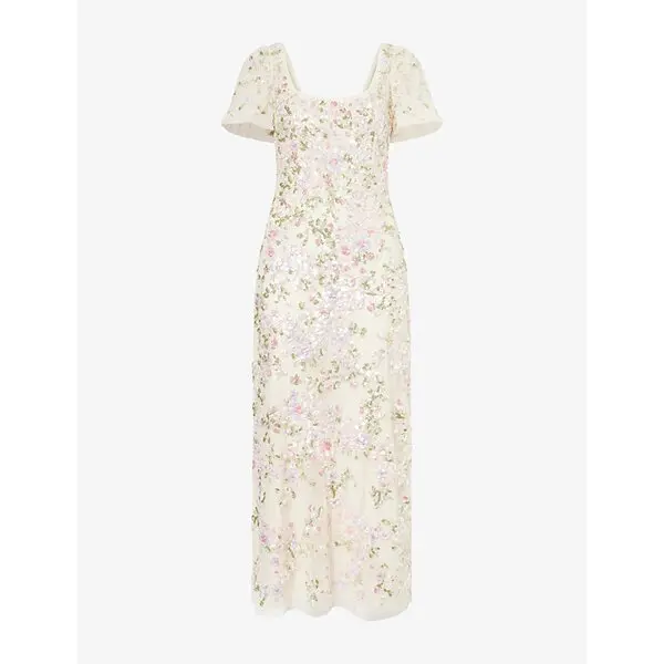 NEEDLE & THREAD Dream Garland Puff-sleeve Mesh Gown - Cream/multi