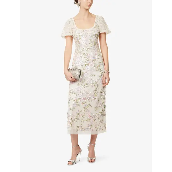 NEEDLE & THREAD Dream Garland Puff-sleeve Mesh Gown - Cream/multi