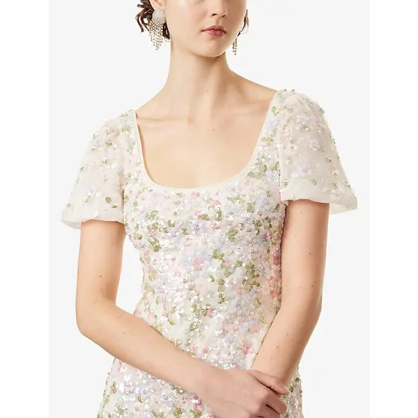 NEEDLE & THREAD Dream Garland Puff-sleeve Mesh Gown - Cream/multi