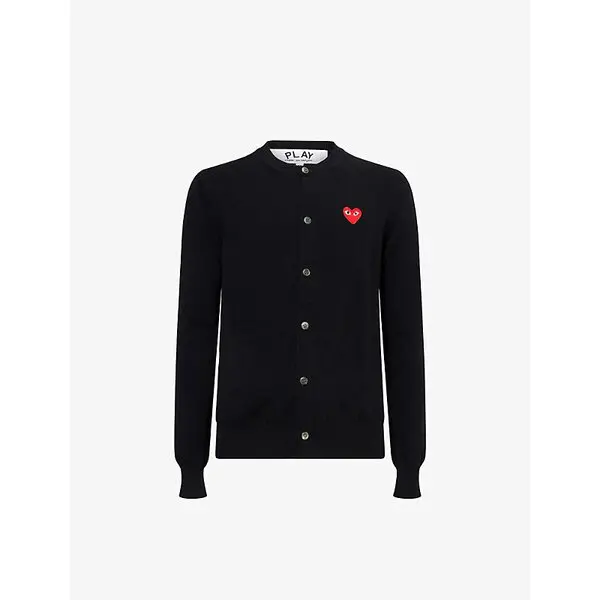 Play Comme Des Garcon Heart-embroidered Knitted Wool Cardigan - Black