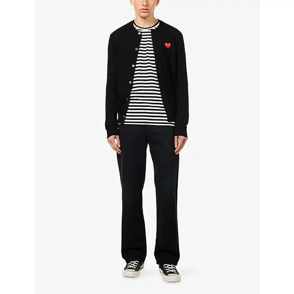Play Comme Des Garcon Heart-embroidered Knitted Wool Cardigan - Black