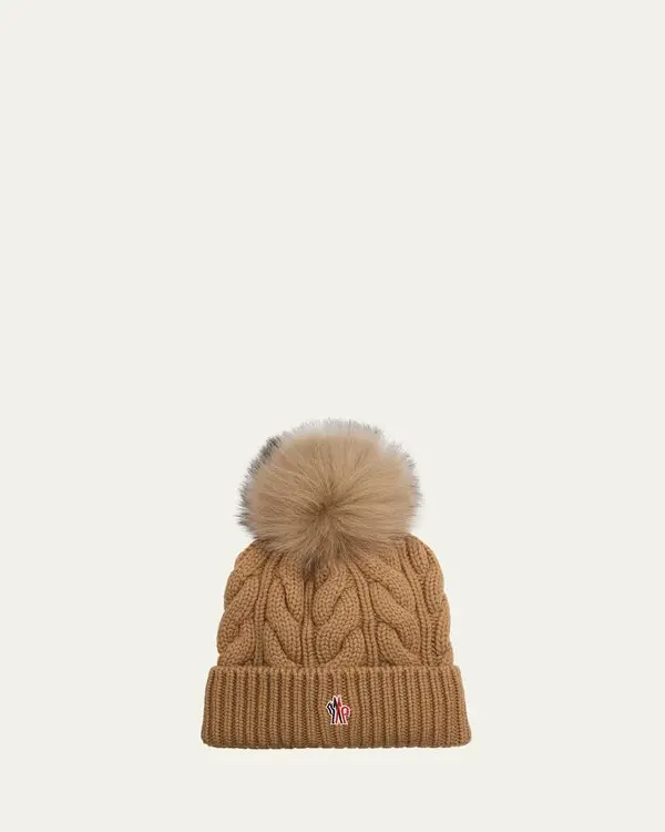 Moncler Cable-knit Wool-cashmere Beanie With Shearling Pom - Military