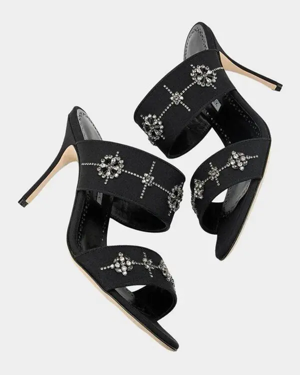 Manolo Blahnik 90mm Ralota Embellished Satin Mule Sandals - Black
