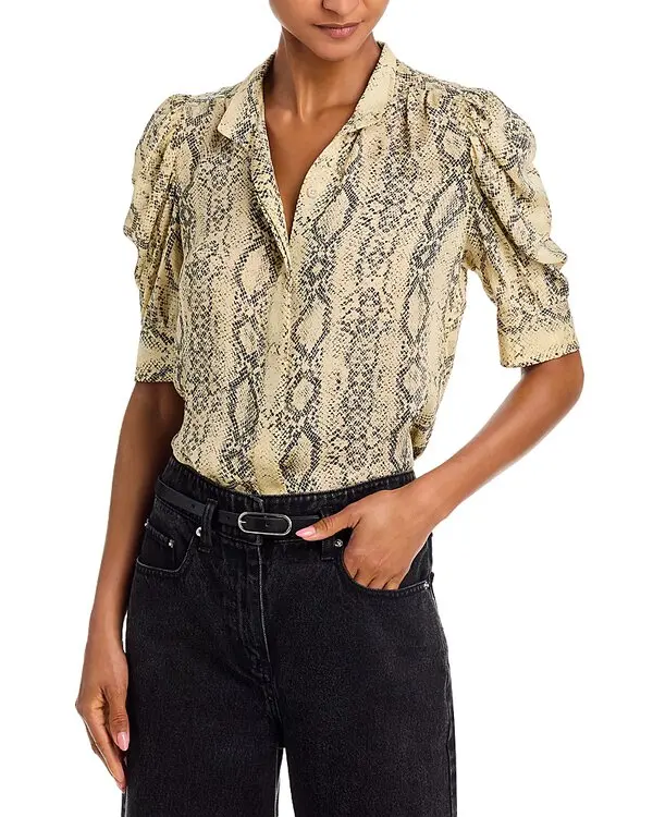 FRAME Silk Snake Printed Puff Sleeve Shirt - Camel Multi