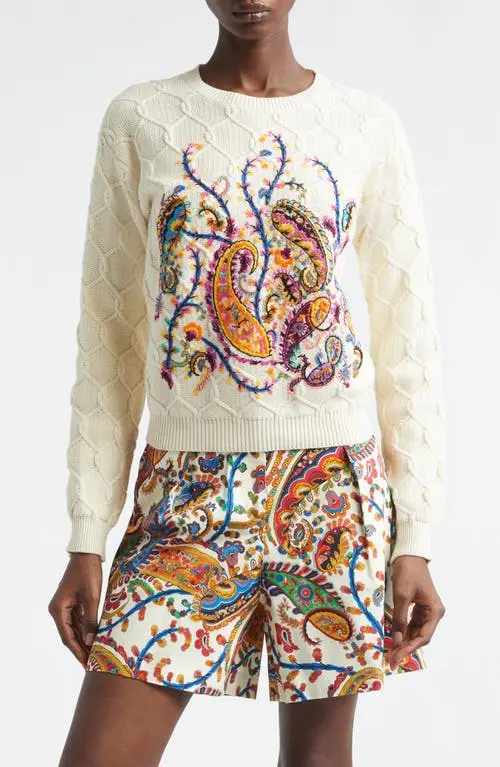 Etro Embroidered Crop Cotton Blend Sweater - Ivory