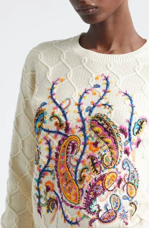 Etro Embroidered Crop Cotton Blend Sweater - Ivory