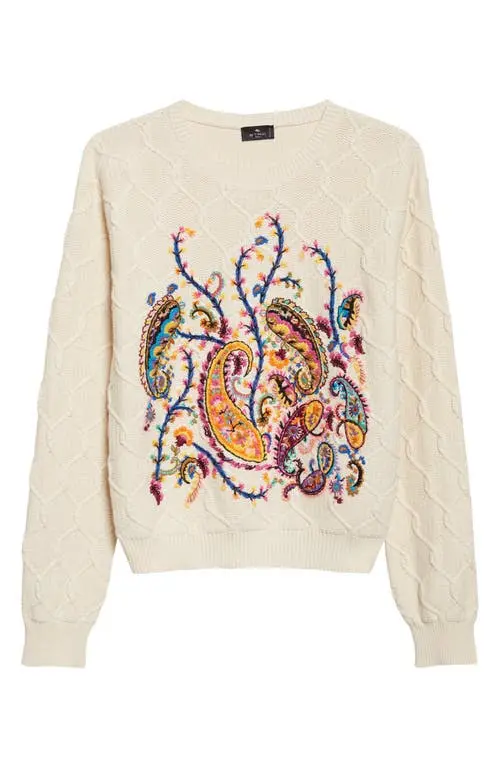 Etro Embroidered Crop Cotton Blend Sweater - Ivory