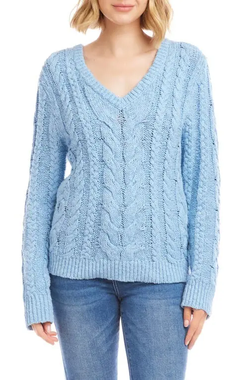 Karen Kane Cable Stitch V-neck Cotton Sweater - Blue