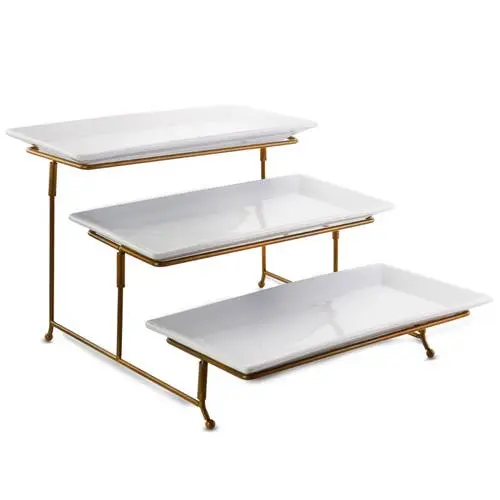 GIBSON ELITE Gracious Dining 3 Tie Rectangle Porcelain Plate Set With Gold Metal Stand - White