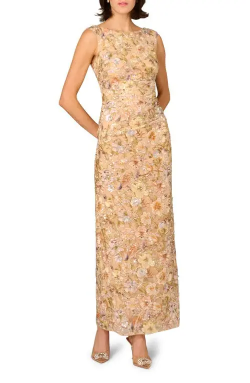 Aidan Mattox Sequin Floral Appliqué Sheath Gown - Champagne Multi