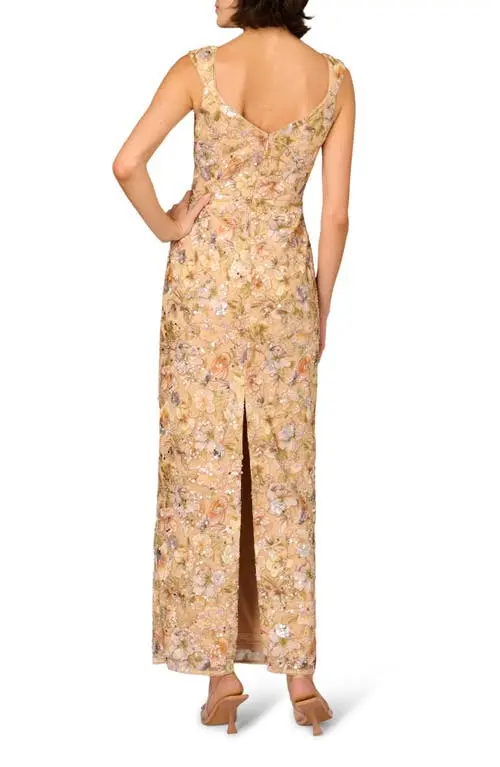 Aidan Mattox Sequin Floral Appliqué Sheath Gown - Champagne Multi