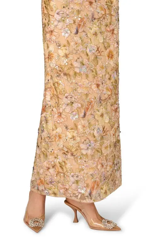 Aidan Mattox Sequin Floral Appliqué Sheath Gown - Champagne Multi