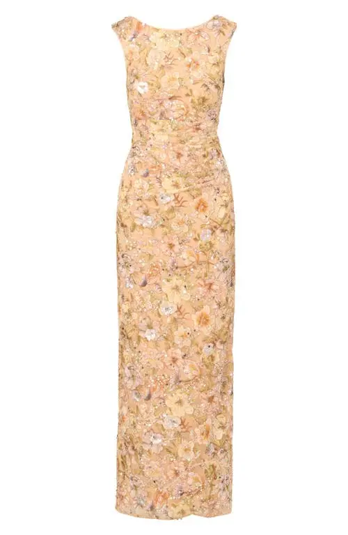 Aidan Mattox Sequin Floral Appliqué Sheath Gown - Champagne Multi