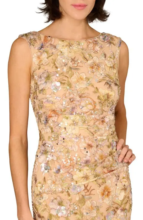 Aidan Mattox Sequin Floral Appliqué Sheath Gown - Champagne Multi