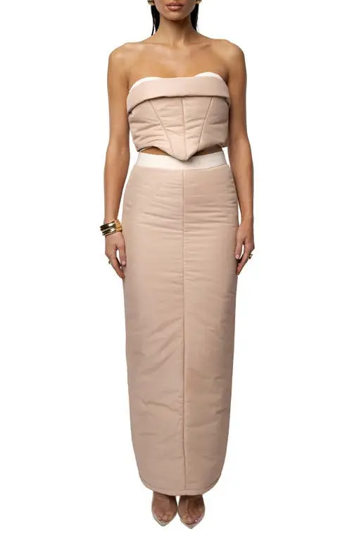 JLUXLABEL Quilted Strapless Crop Top And Column Maxi Skirt Set - Beige