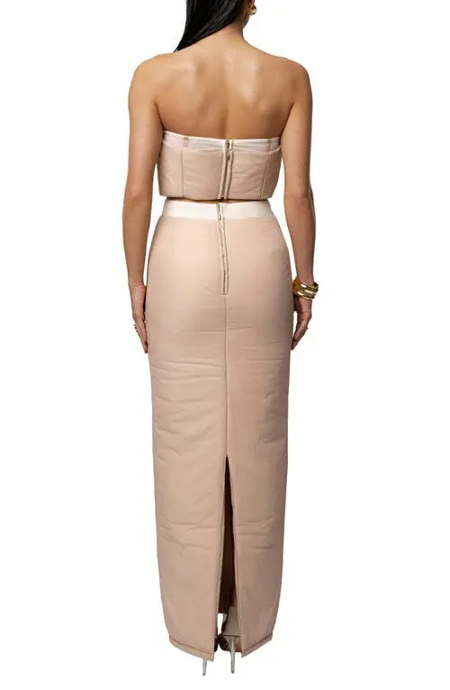JLUXLABEL Quilted Strapless Crop Top And Column Maxi Skirt Set - Beige