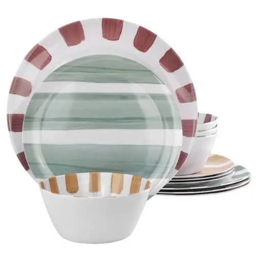 GIBSON HOME Cottage Stripes 12 Piece Melamine Dinnerware Set - White