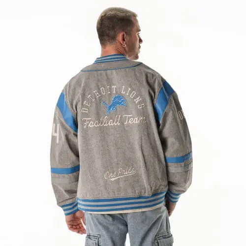 THE WILD COLLECTIVE Detroit Lions Oversized Retro Full-zip Jacket - Gray