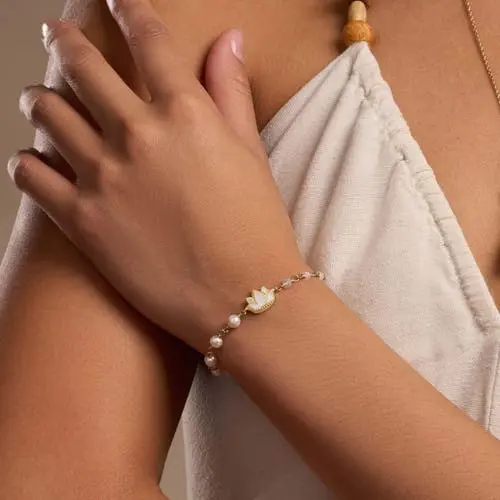 KARMA AND LUCK Rainbow Moonstone Lotus Gold Plated Chain Bracelet