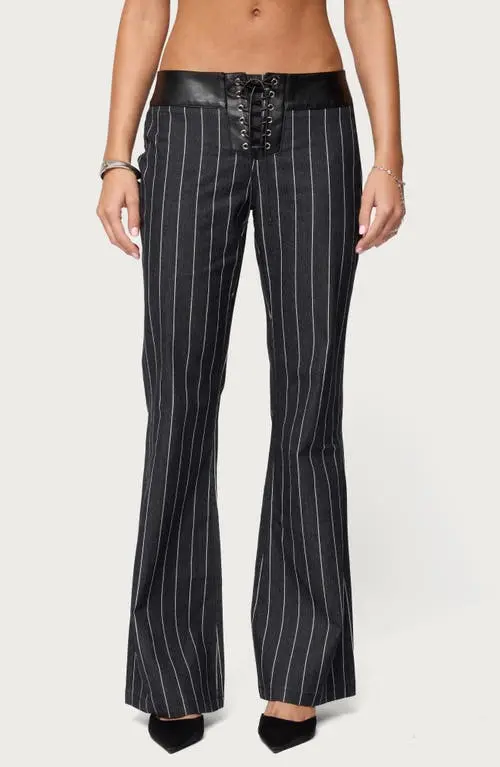 EDIKTED Pinstripe Faux Leather Lace-up Flare Pants