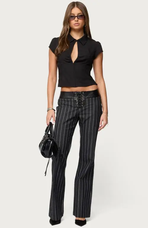EDIKTED Pinstripe Faux Leather Lace-up Flare Pants