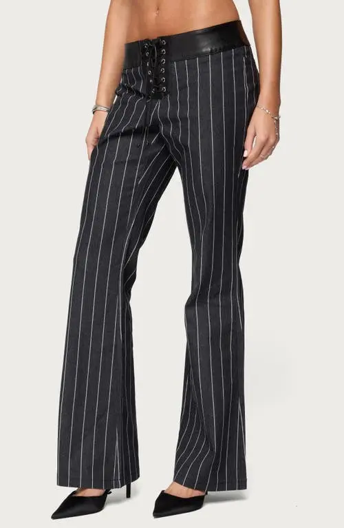 EDIKTED Pinstripe Faux Leather Lace-up Flare Pants
