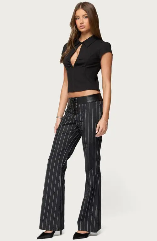 EDIKTED Pinstripe Faux Leather Lace-up Flare Pants