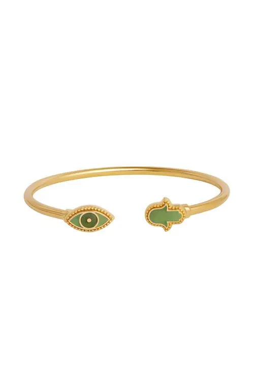 KARMA AND LUCK Eternal Shield Jade, Evil Eye & Hamsa Bangle - Gold/pastel Green
