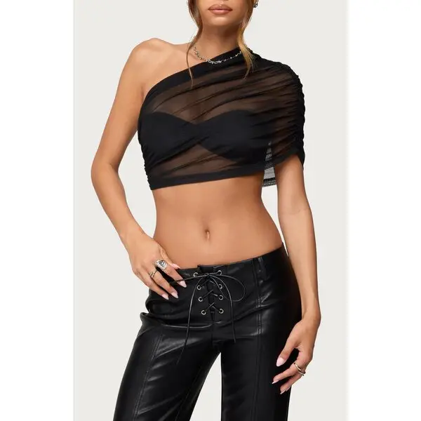 EDIKTED Layered Off-the-shoulder Mesh Crop Top