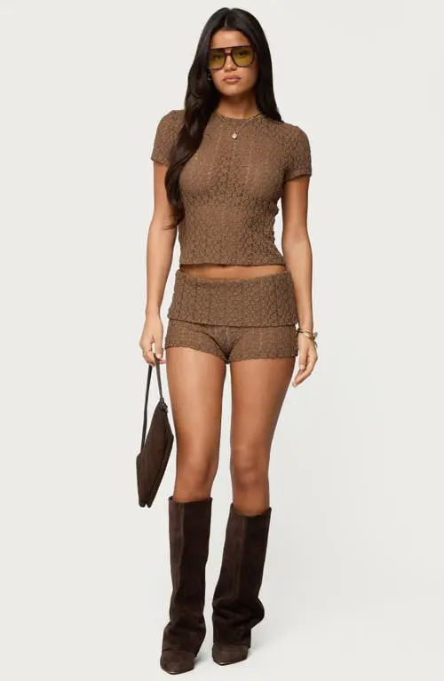 EDIKTED Sheer Texture Foldover Shorts - Brown