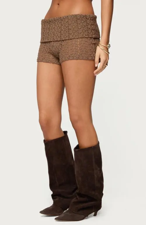 EDIKTED Sheer Texture Foldover Shorts - Brown