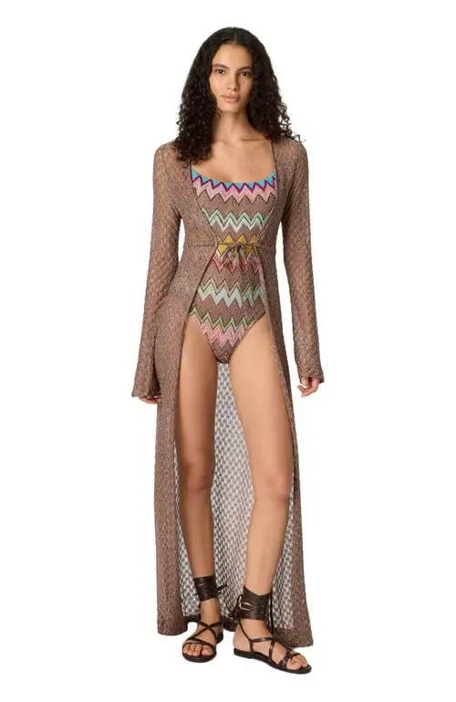 Missoni Long Cardigan In Lamé Viscose With Spiderweb Motif - Brown