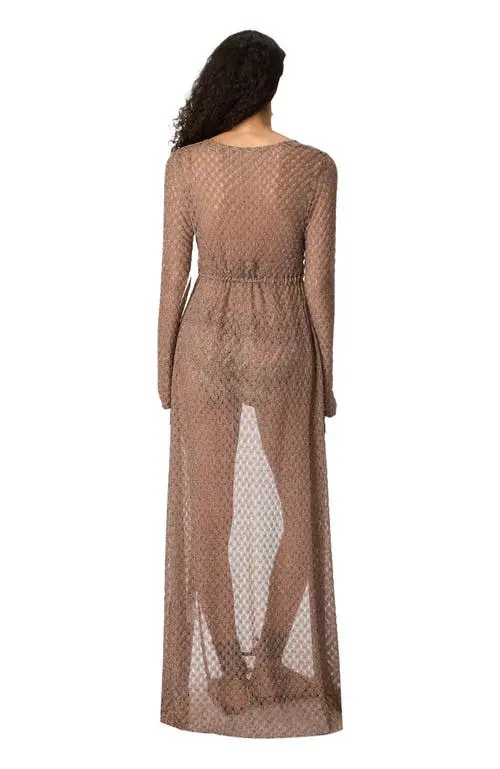 Missoni Long Cardigan In Lamé Viscose With Spiderweb Motif - Brown