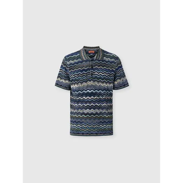 Missoni Cotton Knit Polo Shirt With Chevron Pattern - Blue