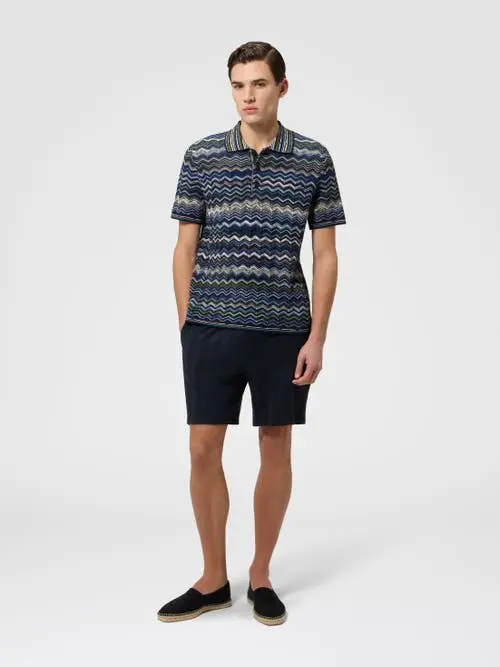 Missoni Cotton Knit Polo Shirt With Chevron Pattern - Blue