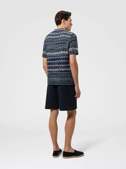 Missoni Cotton Knit Polo Shirt With Chevron Pattern - Blue