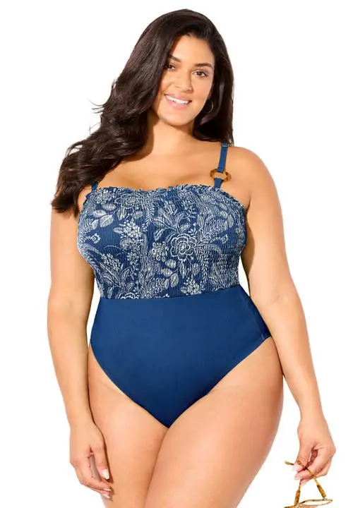 SWIMSUITS FOR ALL Smocked Ring Strap One-piece Swimsuit - Denim Floral