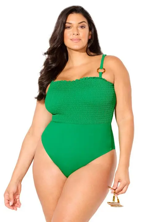 SWIMSUITS FOR ALL Smocked Ring Strap One Piece Swimsuit - Retro Green
