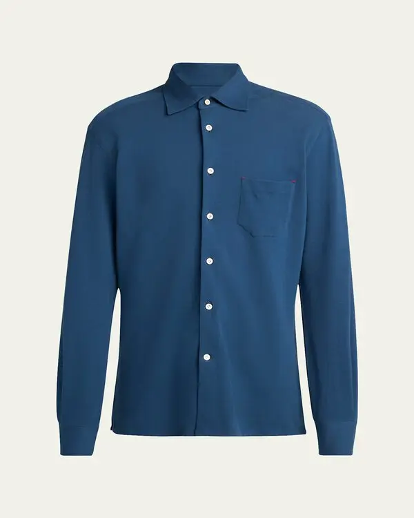 Kiton Pique Button-down Shirt With Bar Tack Pocket - Navy