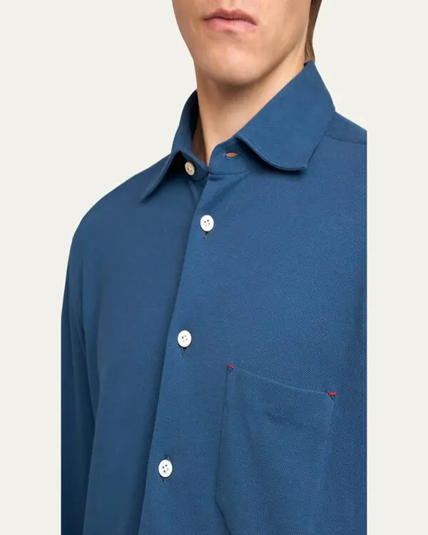 Kiton Pique Button-down Shirt With Bar Tack Pocket - Navy