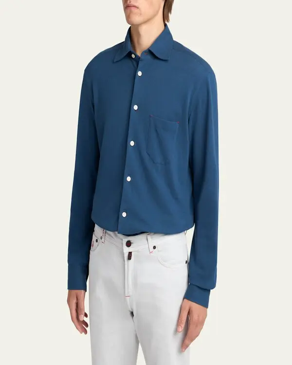 Kiton Pique Button-down Shirt With Bar Tack Pocket - Navy