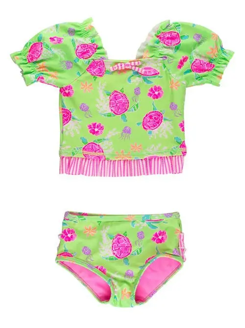 RUFFLEBUTTS Upf 50+ Puff Sleeve Ruffle Tankini 2-piece Swimsuit - Neon Turtle Tide