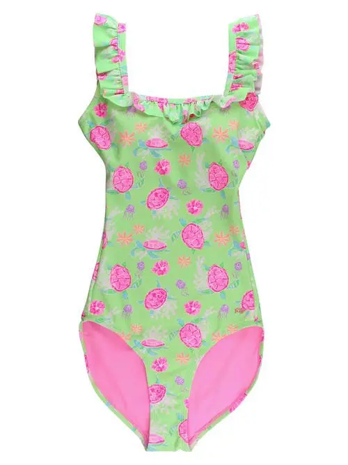 RUFFLEBUTTS Upf 50+ Ruffle One-piece Swimsuit - Neon Turtle Tide