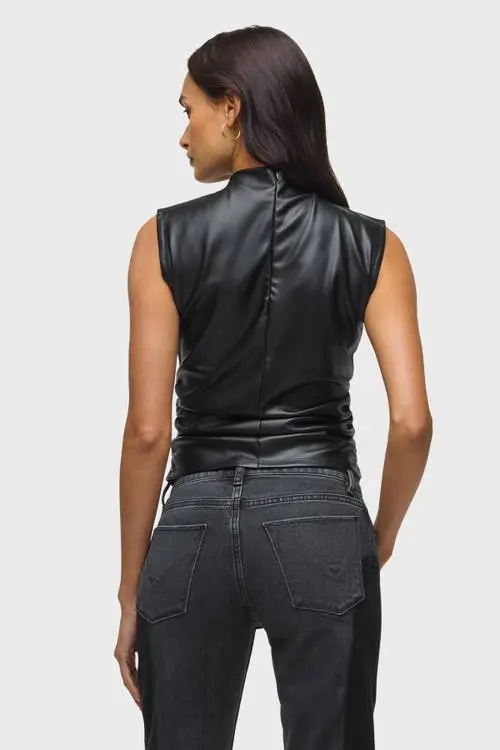 Hudson Jeans Sleeveless Vegan Leather Top With Side Seam Ruching - Black