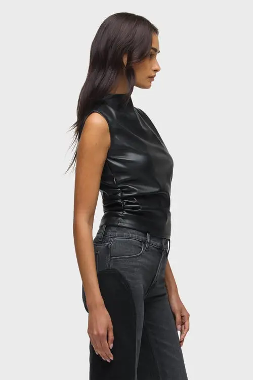 Hudson Jeans Sleeveless Vegan Leather Top With Side Seam Ruching - Black