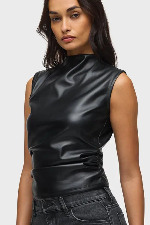 Hudson Jeans Sleeveless Vegan Leather Top With Side Seam Ruching - Black