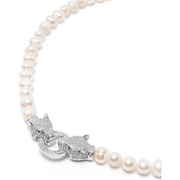 NIALAYA JEWELRY Double Panther Head Pearl Choker Necklace - Silver