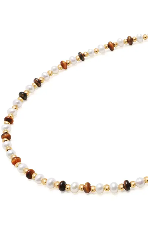 NIALAYA Mini Beaded Pearl Tiger Eye Choker - White/brown