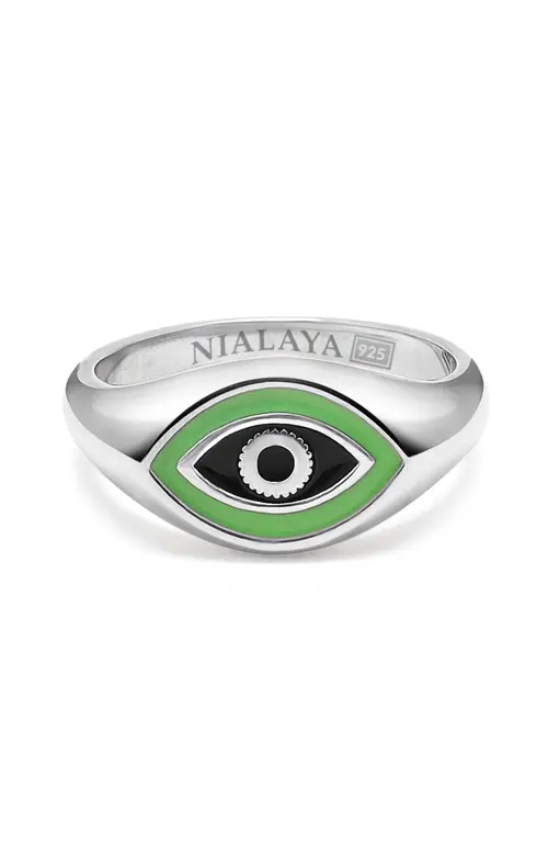 NIALAYA Evil Eye Signet Ring - Silver/green Eye