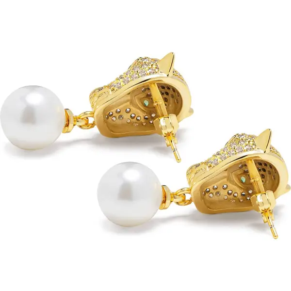 NIALAYA Panther Pearl Drop Earrings - Gold/white